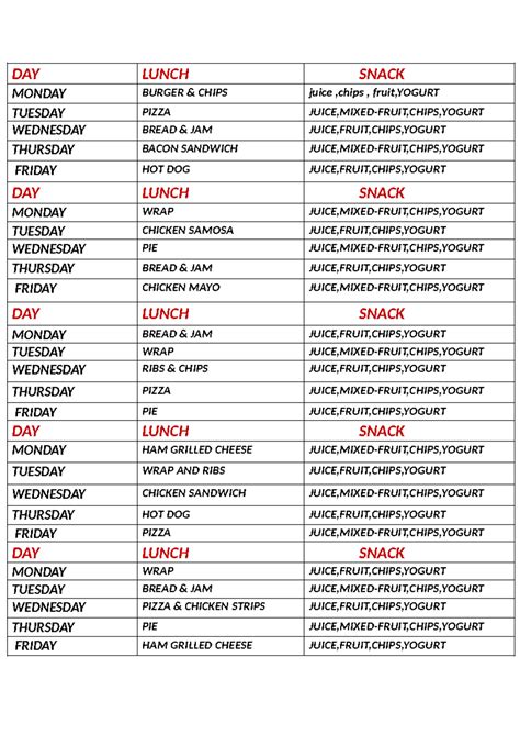 Timetable Nothing Day Lunch Snack Monday Burger And Chips Juice