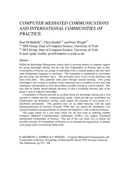 pdf computer mediated communications and communities of practice