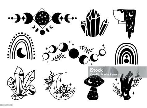 신비한 보헤미안 꽃 달 단계 무지개 버섯 마녀 손과 크리스탈 고립 된 클립 아트 번들 천체 난해 한 개체 마법의 초승달 흑백