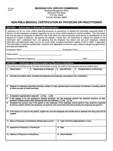 Non Fmla Medical Certification By Physician Or State Of Michigan