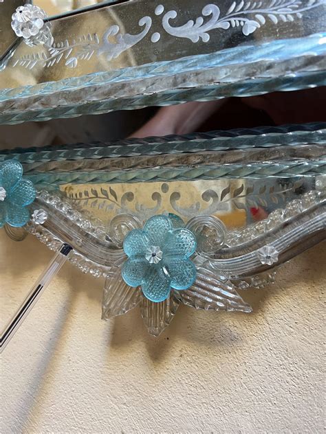 Venetian 1920s Murano Antique Mirror With Blue Glass Details And