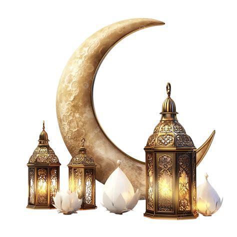 Golden Crescent Moon With Ramadan Lanterns And Glowing Candles