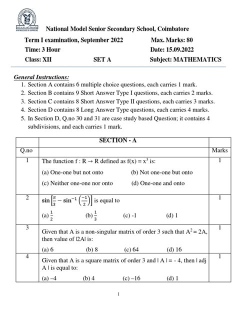 Grade Xii Math Set A Qp 150922 Pdf Area Mathematical
