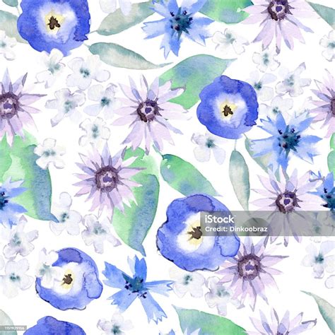 데이지와 Pansies 나뭇잎 녹지와 수채화 원활한 패턴입니다 야생화 초원 개화기에 대한 스톡 벡터 아트 및 기타 이미지