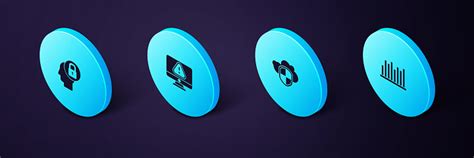 아이소 메트릭 파이 차트 인포 그래픽 구름 및 방패 느낌표가있는 모니터 및 인간 머리 잠금 아이콘을 설정합니다 벡터 3차원