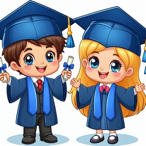 Dibujos Animados De Niño Y Niña Graduándose De Preescolar Con Toga Y