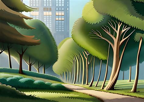 Path In Green Trees With A Building Background Path Trees Forest Background Image And