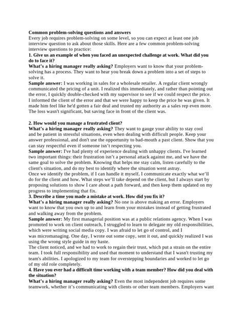 Sample Anwers To Problem Solving Questions Pdf Cognition