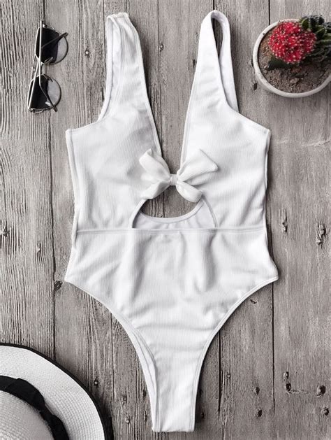 Bowknot Textured High Cut One Piece Swimsuit Swimsuits One Piece Swimsuit White One Piece