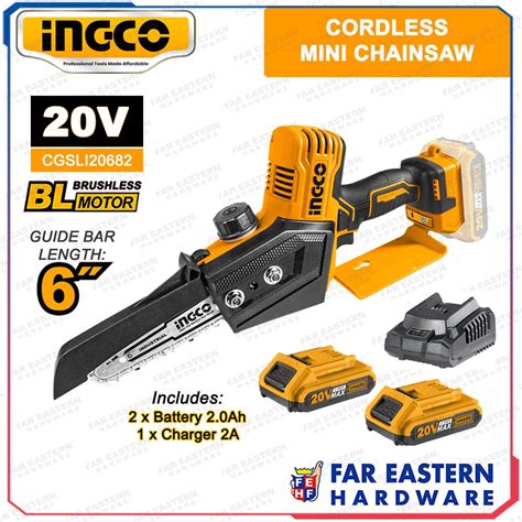 Ingco Cordless Brushless Mini Chainsaw 6 W Battery And Charger 20v Cgsli20682 Inptcl Shopee