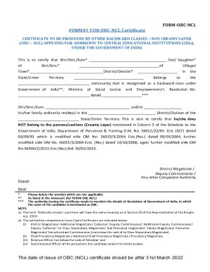 Fillable Online Doms Iitm Ac Prescribed Format Of OBC NCL Certificate