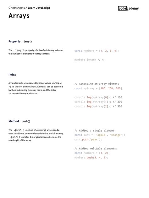 Learn Javascript Arrays Cheatsheet Codecademy Pdf Java Script Object Oriented Programming