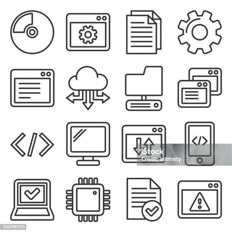 소프트웨어 및 하드웨어 프로그래밍 아이콘 세트입니다 선 스타일 벡터 Cpu에 대한 스톡 벡터 아트 및 기타 이미지 Cpu
