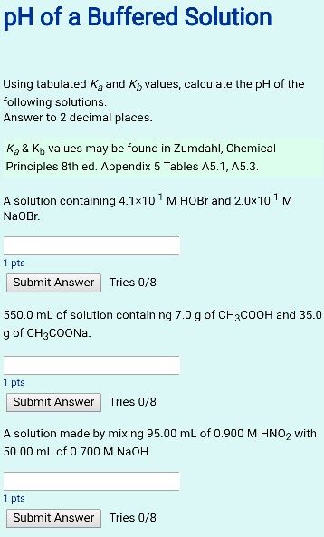 solved ph of a buffered solution using tabulated ka and kb