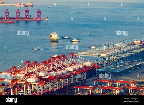 Qingdao China January 25 2024 Container Ships Enter And Exit The Qianwan Container