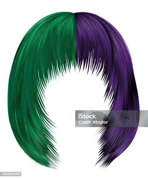 트렌디 한 여성 머리 보라색과 녹색 색상 프린지와 카레 뷰티 패션 사실적인 3d 색칠 가발에 대한 스톡 벡터 아트 및 기타
