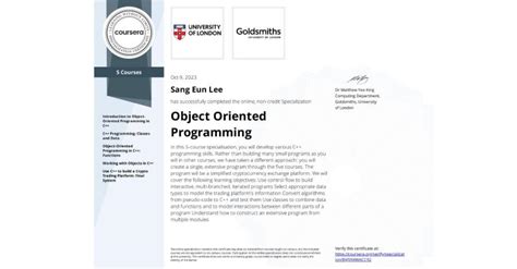 sang eun lee on linkedin completion certificate for object oriented programming