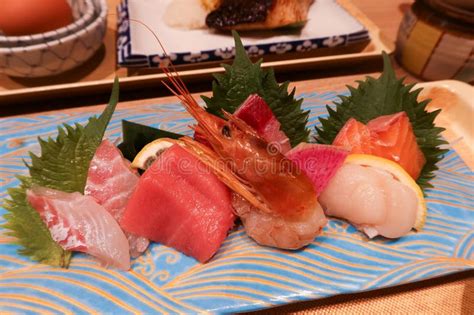 Close Up Of Assorted Japanese Sashimi Seafood Sushi Fish Stock Image