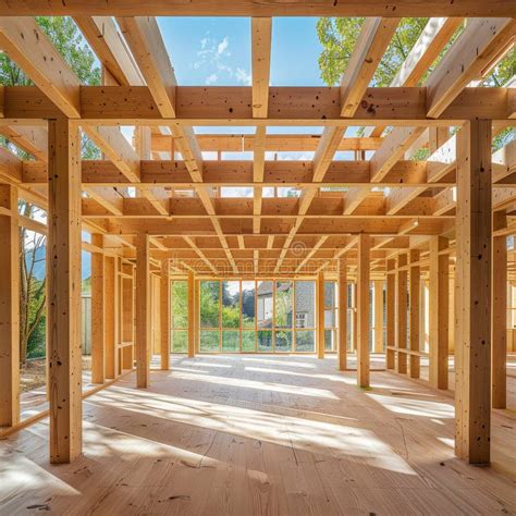 Wooden House Construction Frame Assembly In Progress At The Building Site For A New Home Stock