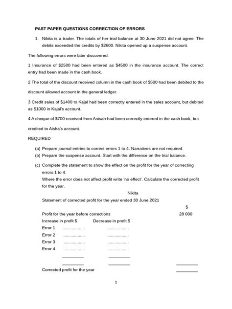 Past Paper Questions Correction Of Errors Pdf Debits And Credits Money