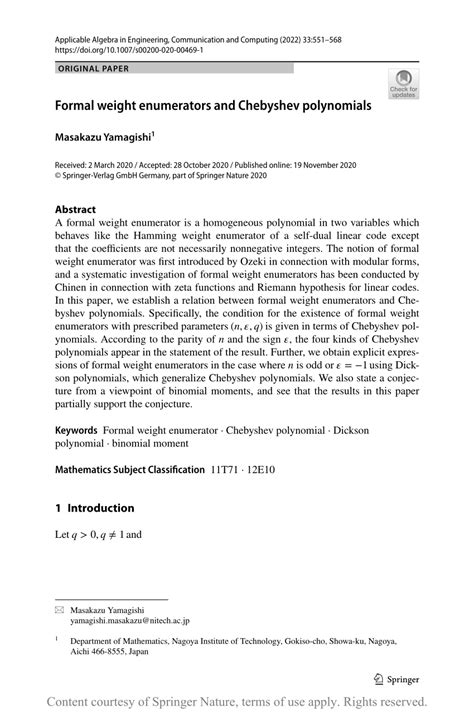 formal weight enumerators and chebyshev polynomials request pdf