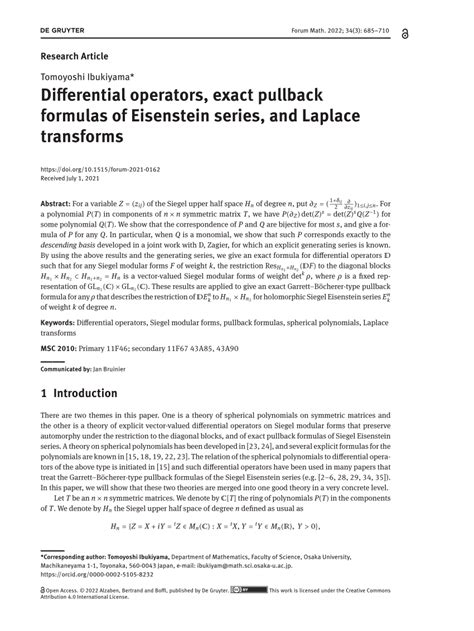 Pdf Differential Operators Exact Pullback Formulas Of Eisenstein Series And Laplace Transforms