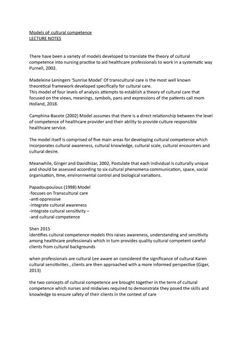 Models O F Cultural Competence Models Of Cultural Competence Lecture