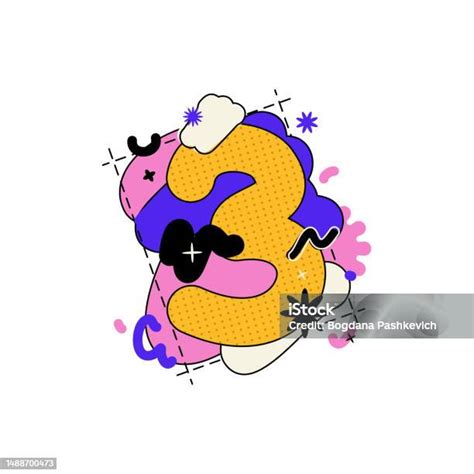 숫자 3 벡터 그림입니다 손으로 그린 모양과 선이 있는 숫자입니다 만화 그래피티 스타일의 장난기 넘치는 인물 장난기 넘치는 축제 분위기 양식화 된 3 0명에 대한 스톡 벡터