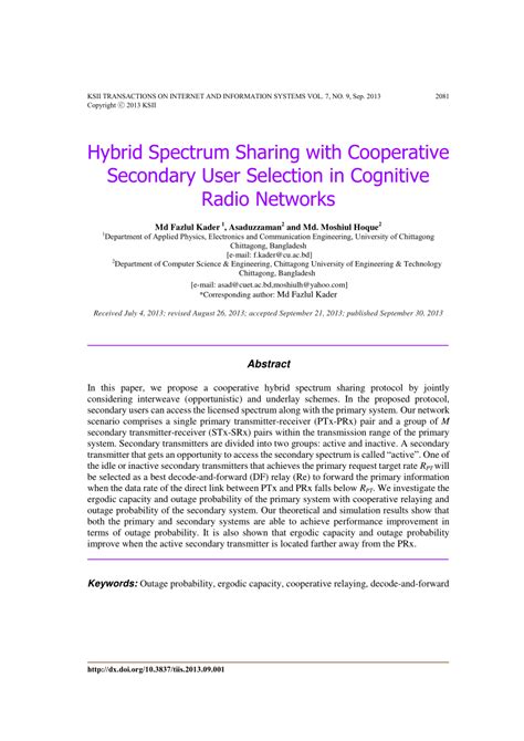 Pdf Hybrid Spectrum Sharing With Cooperative Secondary User Selection In Cognitive Radio Networks