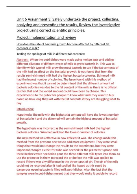 Unit 6 Assignment 3 Completeing The Experiment And Analysing The Results Unit 6 Investigative
