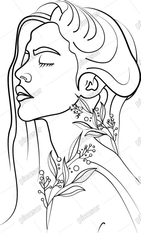 وکتور نیمرخ زن با چشمان بسته سبک خطی وکتور پرتره زن زیبا مینیمال