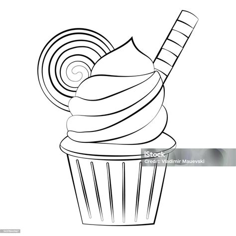 얇은 선으로 크림과 장식을 가진 컵케익 흰색 배경에 벡터 갈색에 대한 스톡 벡터 아트 및 기타 이미지 갈색 건강에 좋지