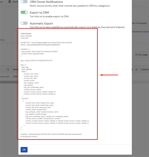 how to view api code sample leadgenius