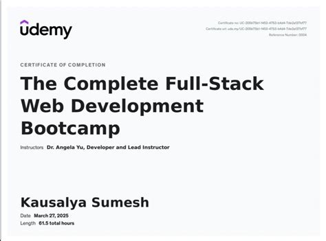 Excited To Share That Ive Completed The Complete Full Stack Web Kausalya Sumesh