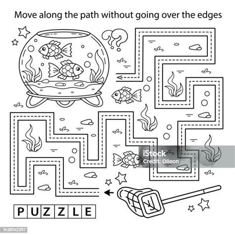 필기 연습 시트 간단한 교육 게임 또는 미로 색칠 페이지 개요 만화 둥근 유리 수족관 색깔 물고기 아이들을위한 색칠하기 책