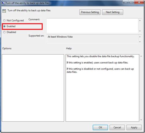 how to disable backup data files in windows 7