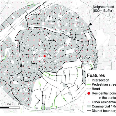 Intersections Pedestrian Streets And Roads In A 500 M Buffer Centered