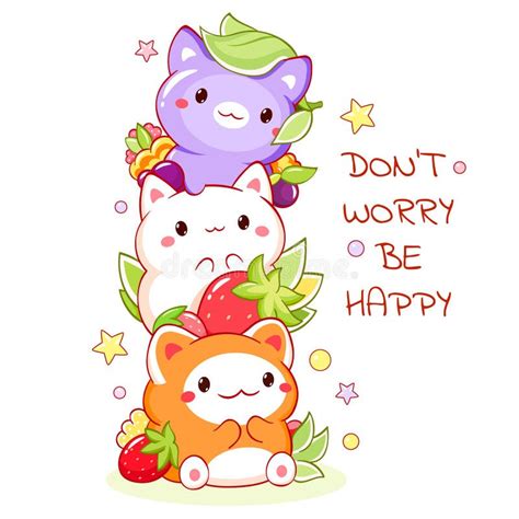 Stack Of Cute Tiny Cat With Berries Kawaii Kitty With Strawberry And