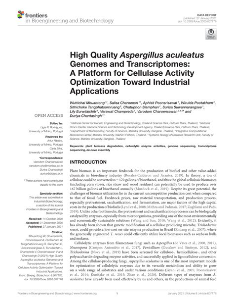 Pdf High Quality Aspergillus Aculeatus Genomes And Transcriptomes A