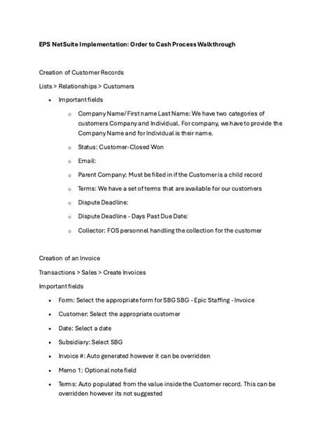 Eps Netsuite Implementation Order To Cash Process Walkthrough Pdf