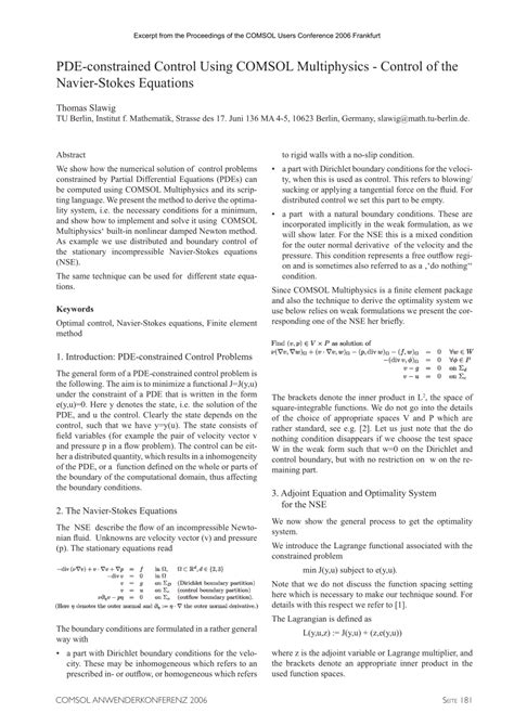 pdf pde constrained control using femlab control of the navier