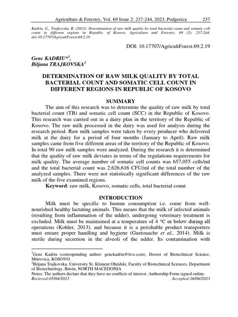 Determination Of Raw Milk Quality Pdf Milk Dairy