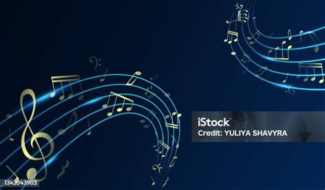 음표와 함께 빛나는 뮤지컬 파도를 흐르는 텍스트장소와 추상적인 음악 배경 사운드 튠의 라인 웨이브에 골드 음악 노트와 고음 음표