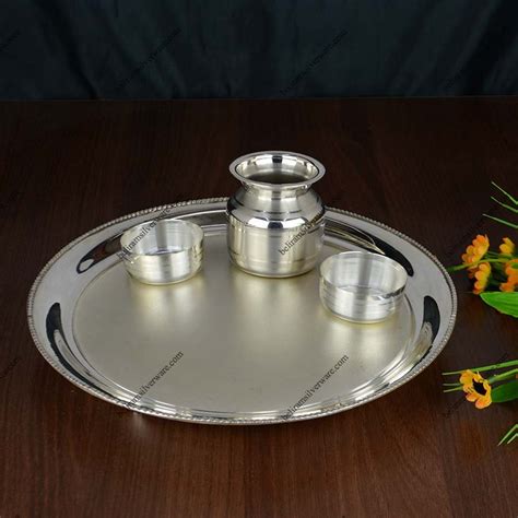 Beaded Rim Pure Silver Minimal Puja Thali Beliram Silverware