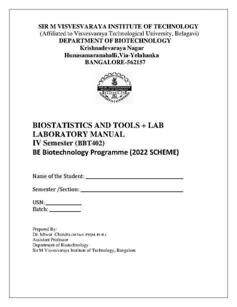Biostatistics Lab Manual Of Th Semester Biotechnology Annexure II SIR M VISVESVARAYA