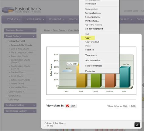 fusioncharts suite chart gallery right mouse click copy in ie 9