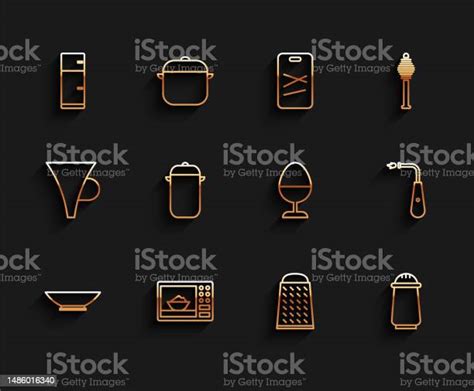 세트 라인 그릇 전자 레인지 냉장고 강판 소금과 후추 요리 냄비 긴 전기 라이터 및 닭고기 달걀 스탠드 아이콘 벡터 가정 생활에 대한 스톡 벡터 아트 및 기타 이미지