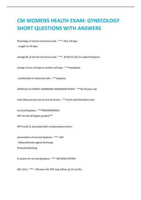 Summary CM WOMENS HEALTH EXAM GYNECOLOGY SHORT QUESTIONS WITH ANSWERS Women S Health