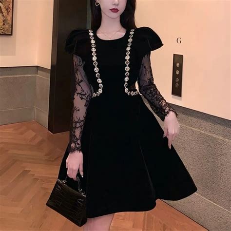 여성용 프렌치 빈티지 미니 벨벳 드레스 블랙 레이스 패치워크 다이아몬드 한국 드레스 여성 겨울 이브닝 파티 고딕 요정 드레스 드레스 AliExpress