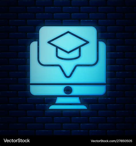 Glowing Neon Computer Monitor With Graduation Cap Vector Image